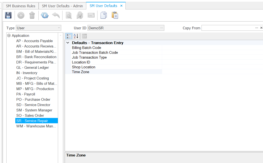 User Defaults - Service Repair