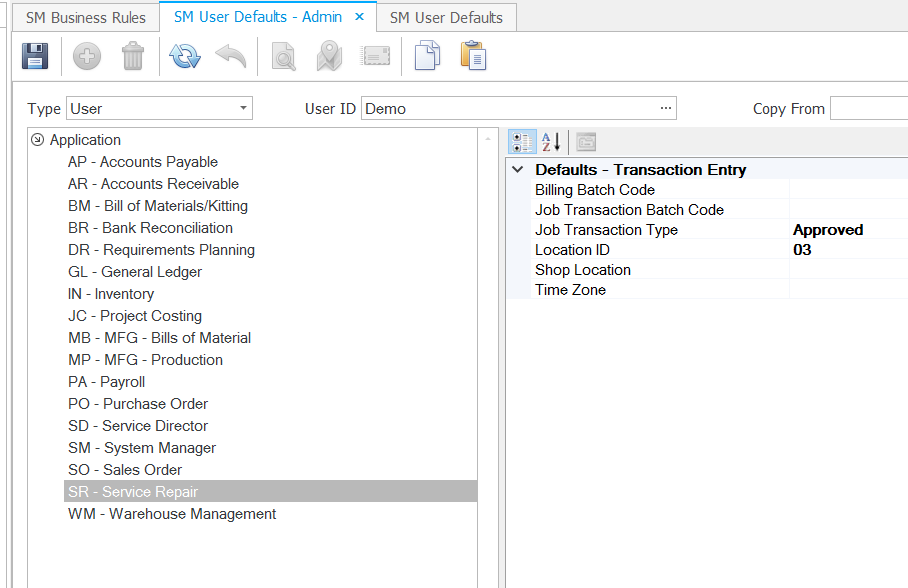 User Defaults - Admin - Service Repair